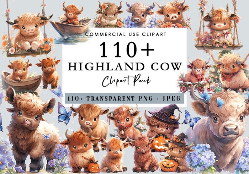 Highland Cow PNG JPEG Watercolor Highland Cow Clipart Bundle - Etsy