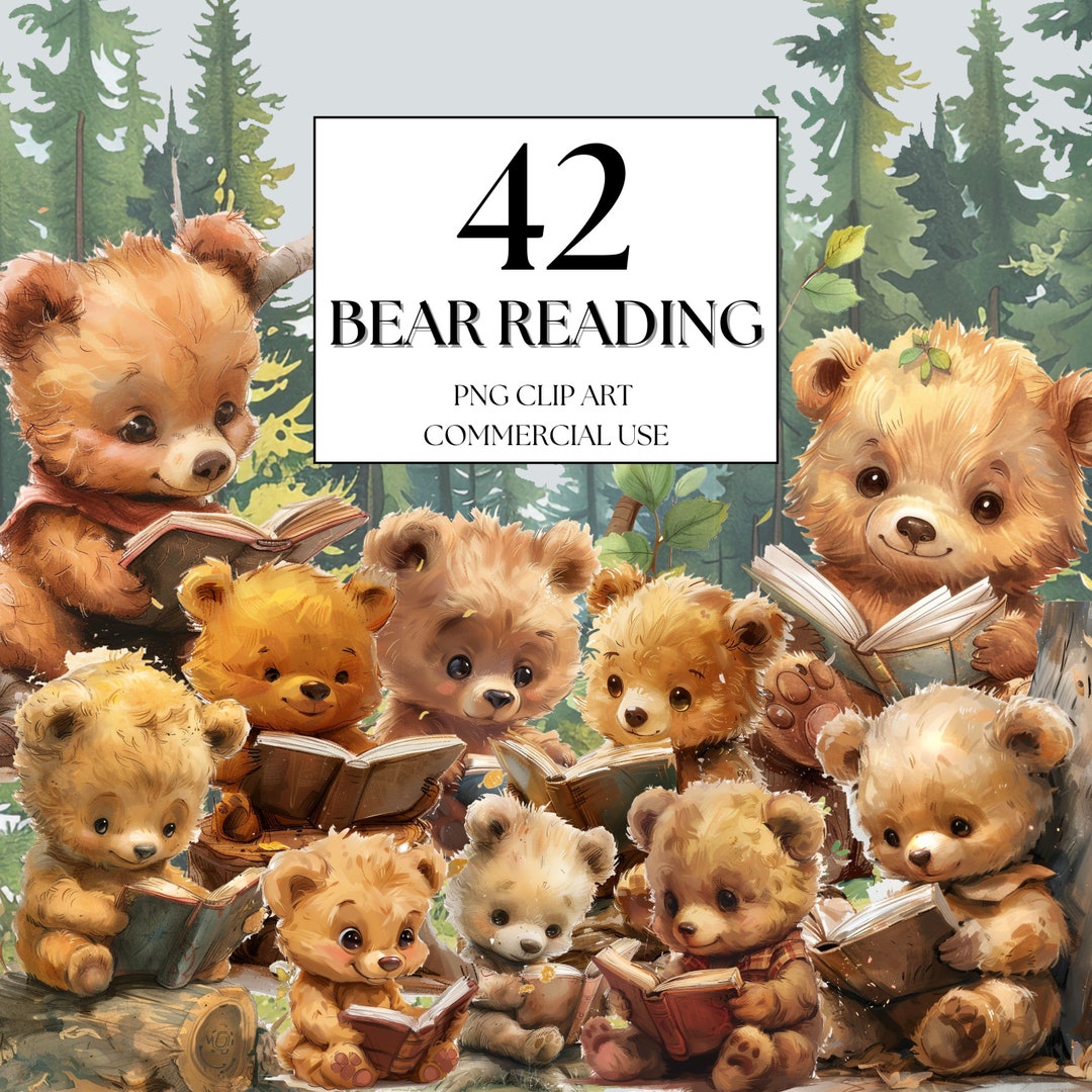 Book Lover Woodland Bear Clipart, Bear Reading, Woodland Animal Reading ...