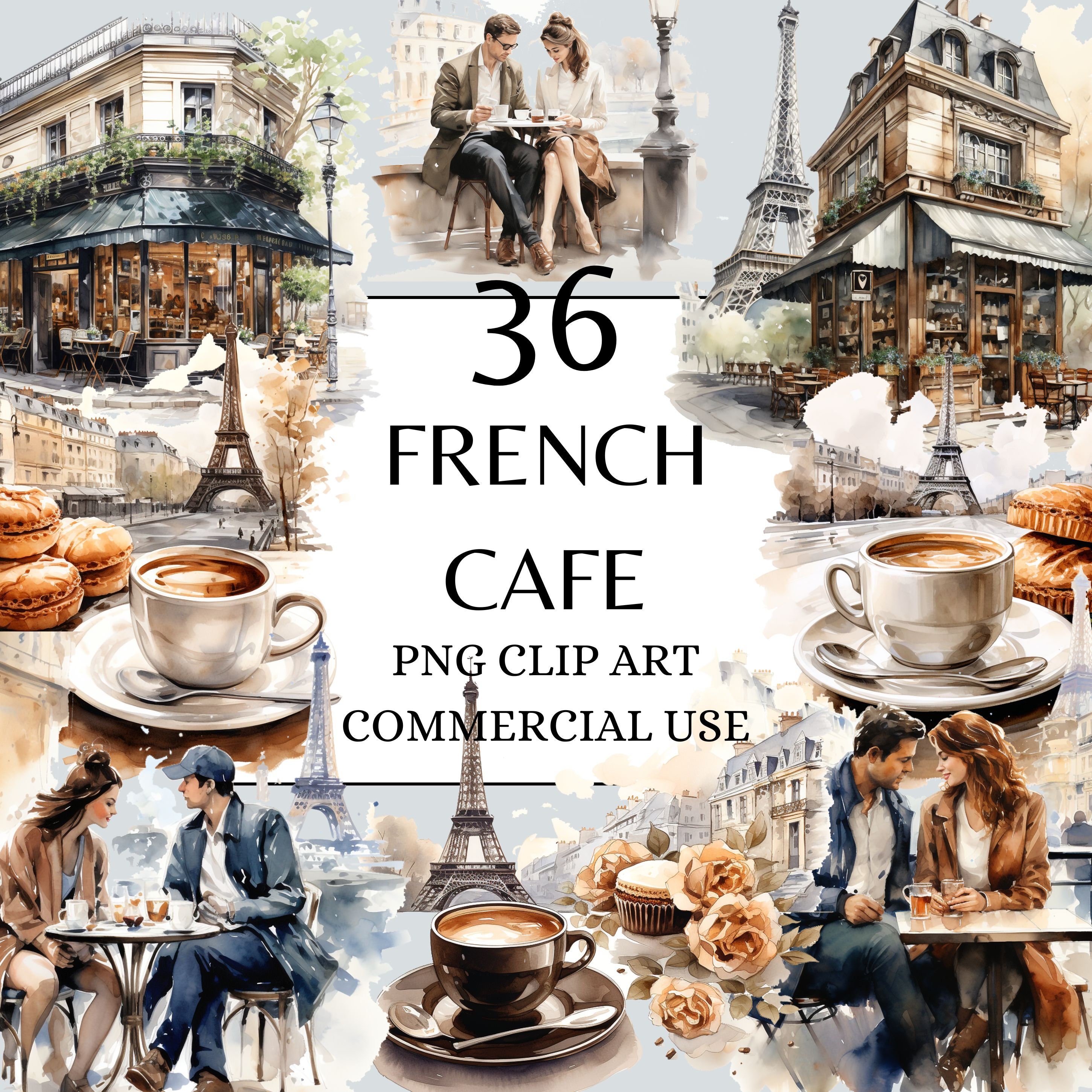 Cute Paris Cafe Clipart PNG Watercolor Coffee Shop Clipart - Etsy