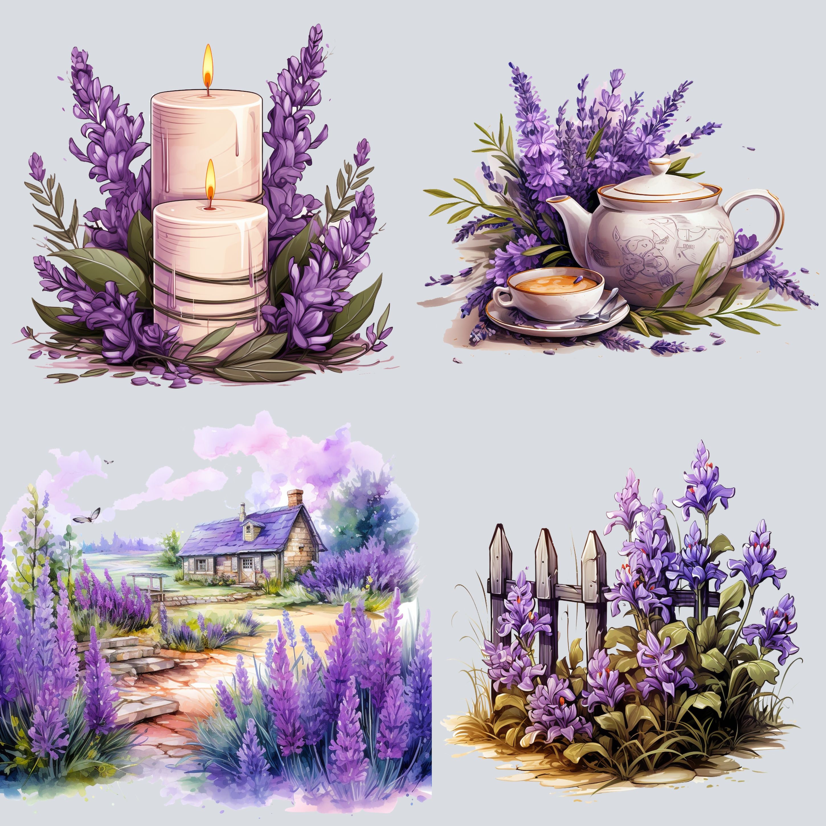 Lavender Flower Watercolor Clipart Bundle - 45 PNG Summer Lavender ...