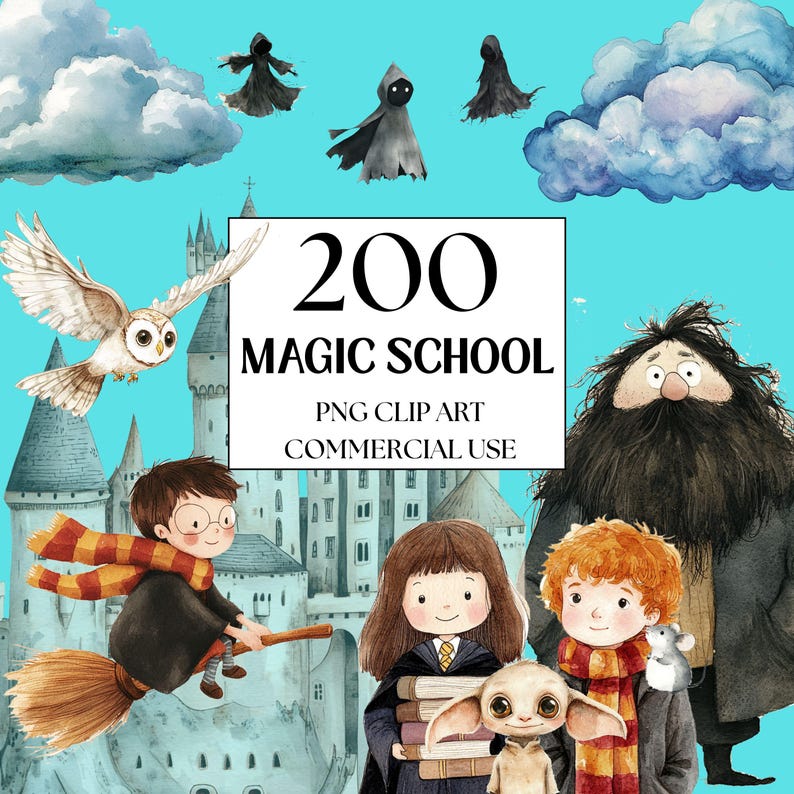 200 Magic School Clipart, Watercolor Nursery Wizard School Clipart ...