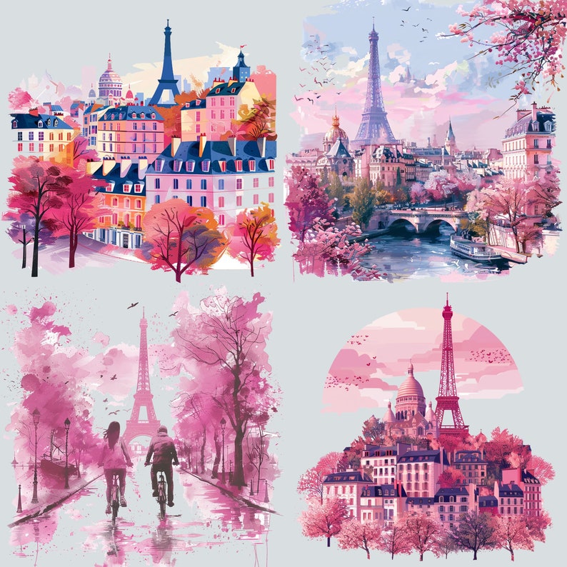 Pink Paris Clipart V2, PNG Watercolor Romantic Paris Clipart, French ...