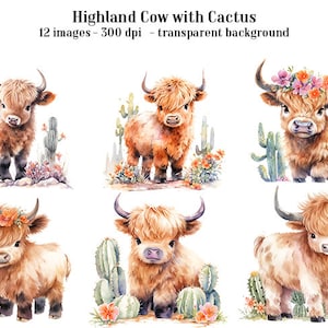 Highland Cow With Cactus Clipart Cactus Highland Cow Clipart Watercolor ...
