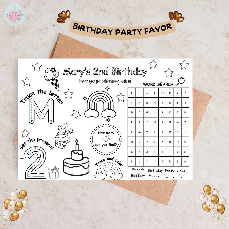 Birthday Activity Favor, Printable Birthday Activity Placemat, Birthday ...