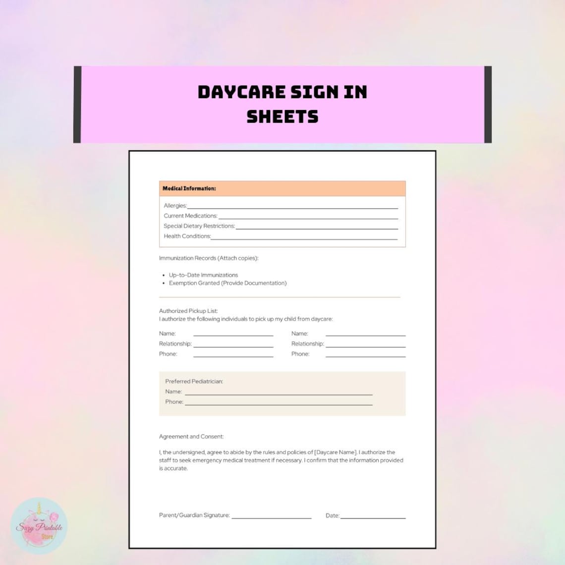 Printable Daycare Sign in Sheet, Sign in Sheet, Daycare Forms, Daycare ...