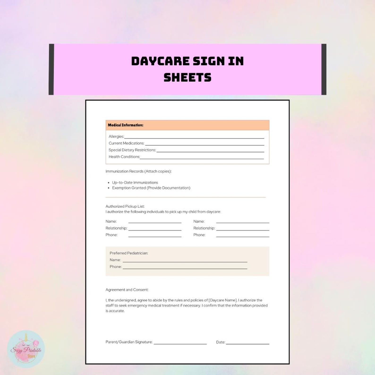 Printable Daycare Sign in Sheet, Sign in Sheet, Daycare Forms, Daycare ...
