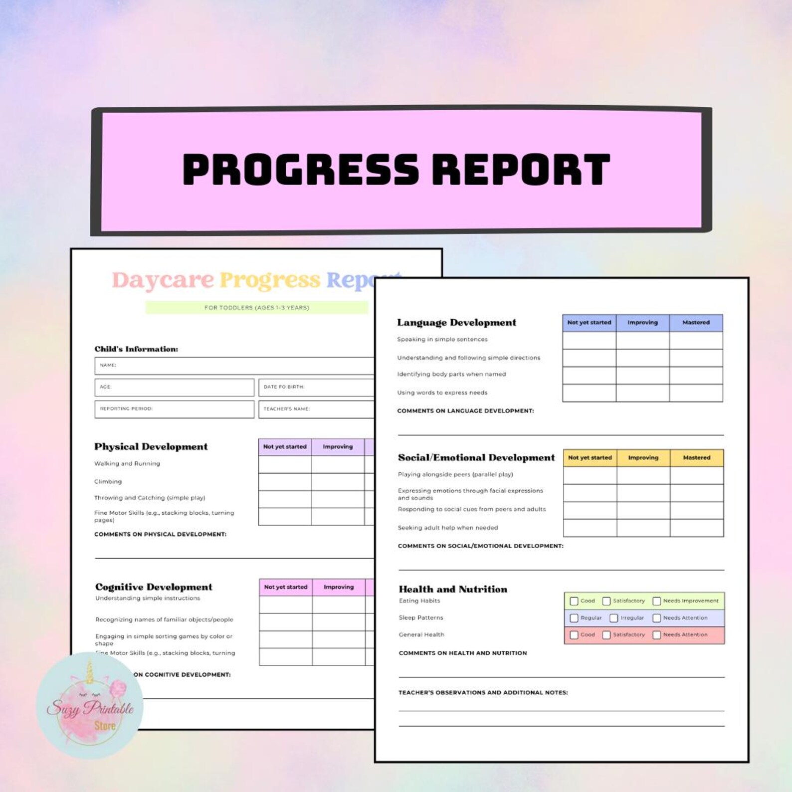 Daycare Progress Report, Developmental Milestones and Fillable Form for ...