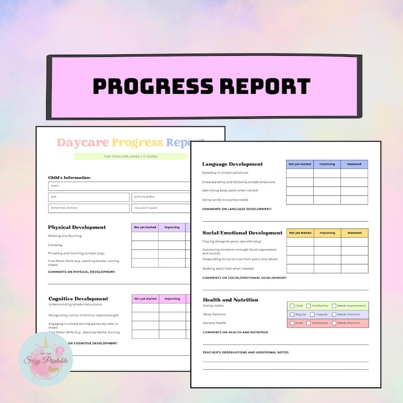 Daycare Progress Report, Developmental Milestones and Fillable Form for ...