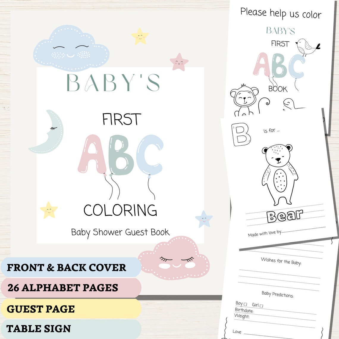 ABC Coloring Book Baby Shower Game Unique Guest Book Fun Gender Neutral ...