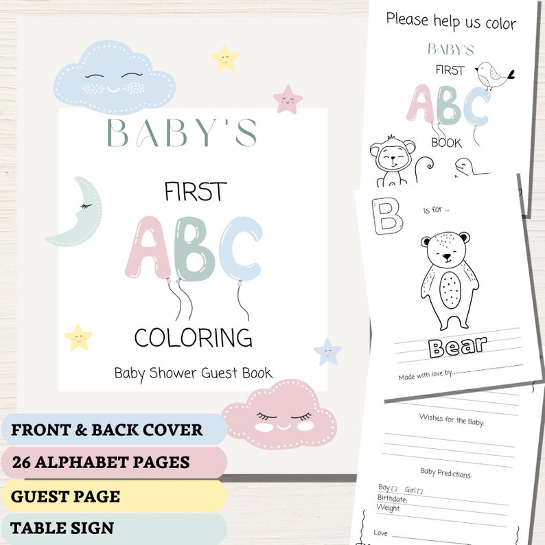 ABC Coloring Book Baby Shower Game | Unique Guest Book | Fun Gender ...