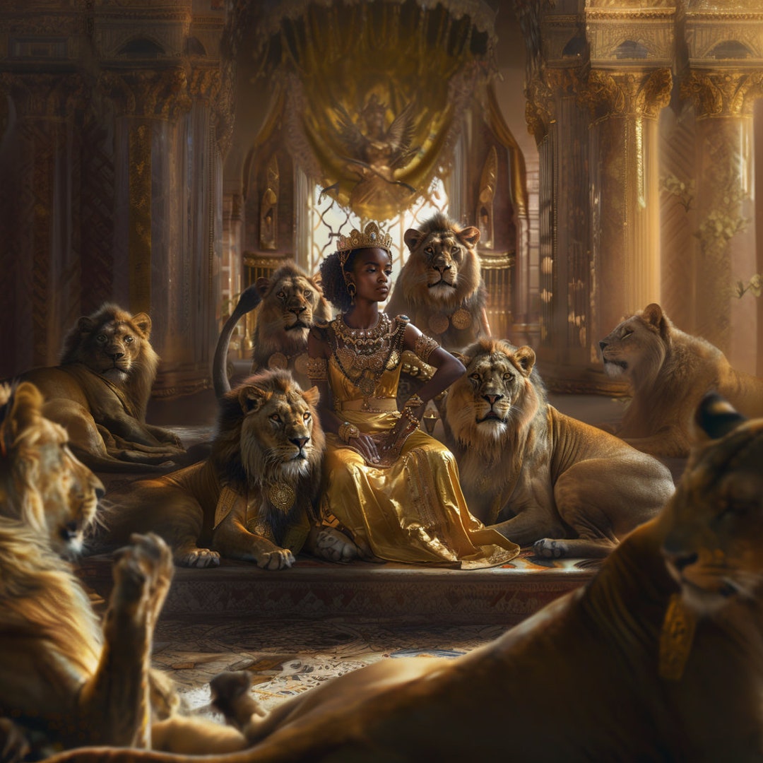 Two Piece Beautiful and Elegant Queen Surrounded and Guarded by Lions ...