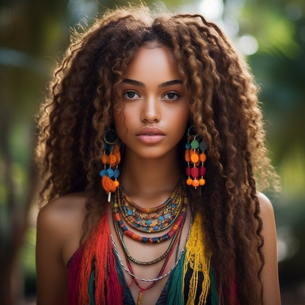 Beautiful Woman Colorful Beads Necklace Melanin Gueen Multicolor Hair ...