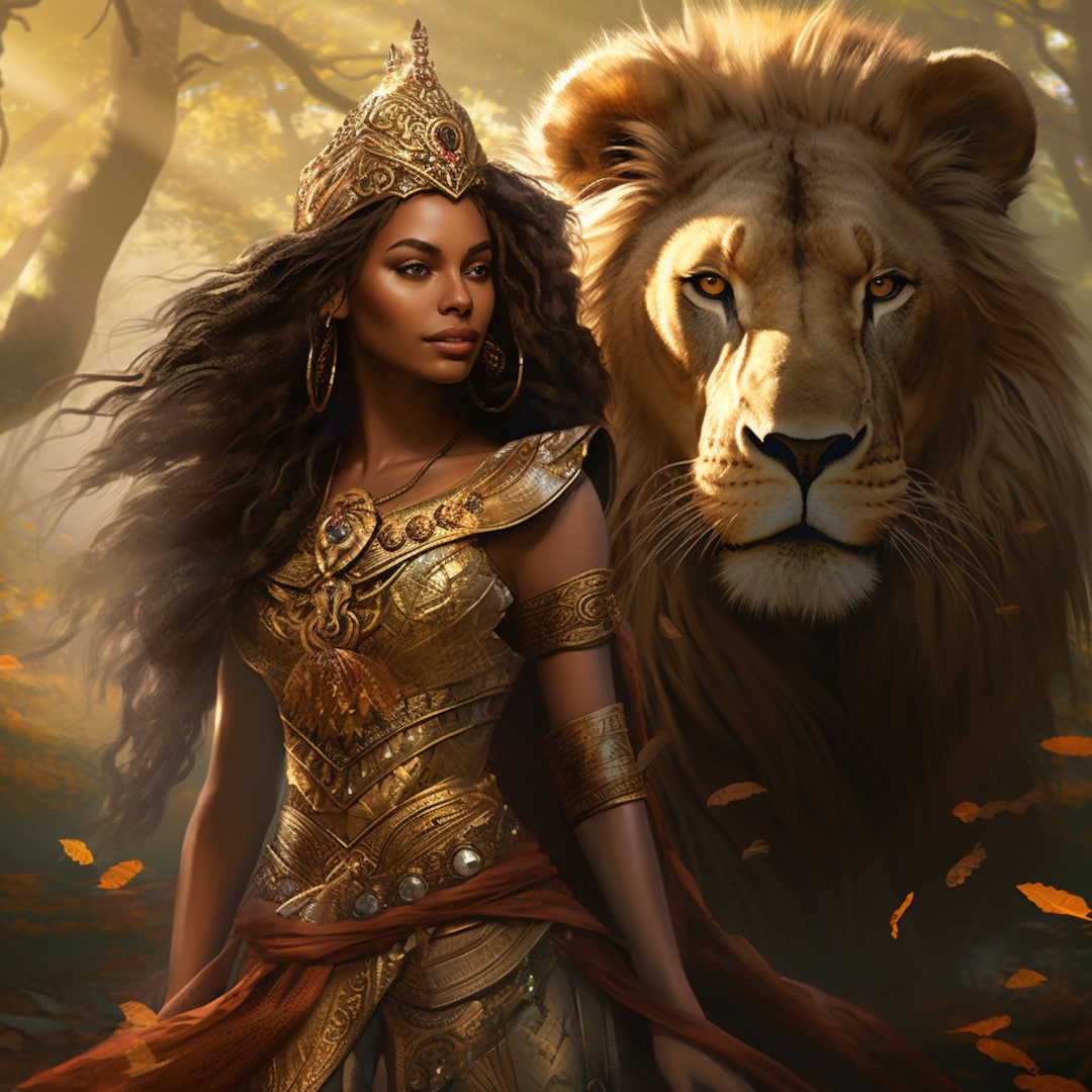 A Beautiful Queen With a Lion Lioness Woman Digital Wall Art - Etsy