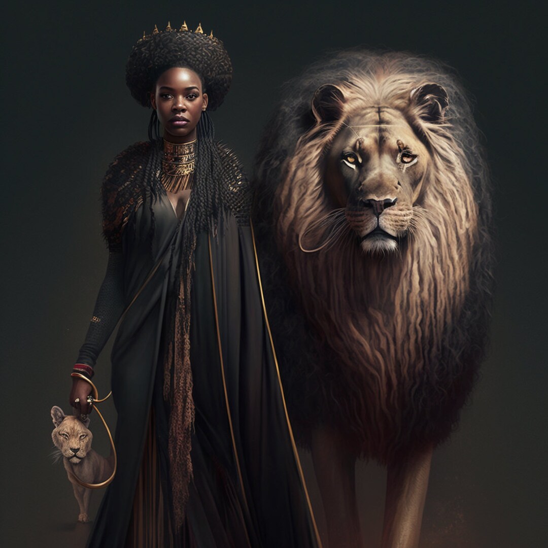 A Beautiful Lion Queen Guarded by Her Lion Wall Arts Digital Downloads ...