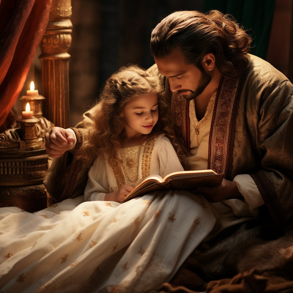 A Father Reading Bedtime Story to Daughter, Wall Arts Digital Downloads ...