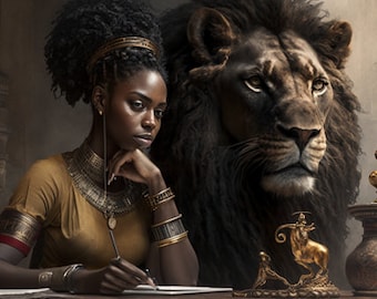 A Beautiful Black African Queen With Lion Animal Wall Arts Digital ...