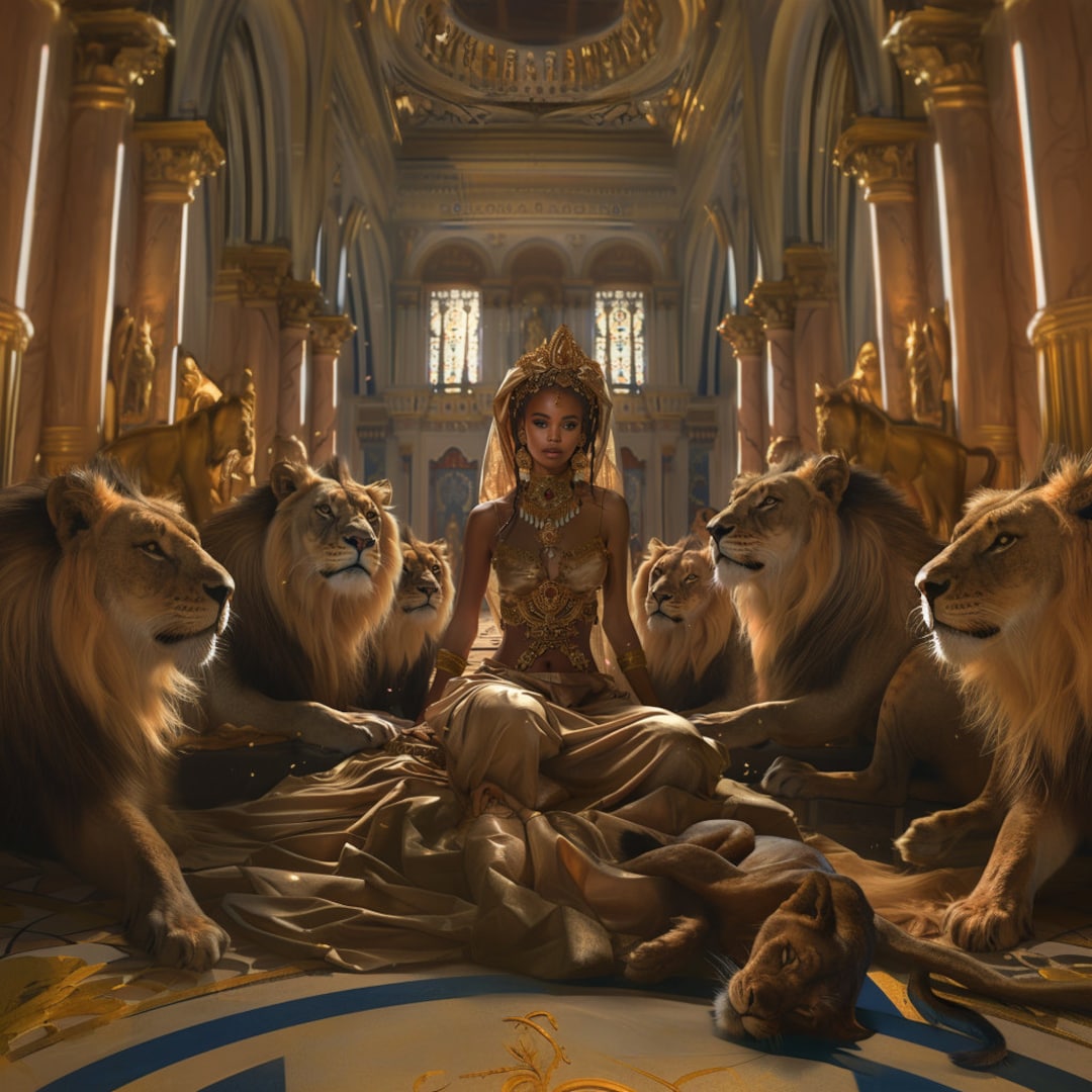 Two Piece Beautiful and Elegant Queen Surrounded and Guarded by Lions ...