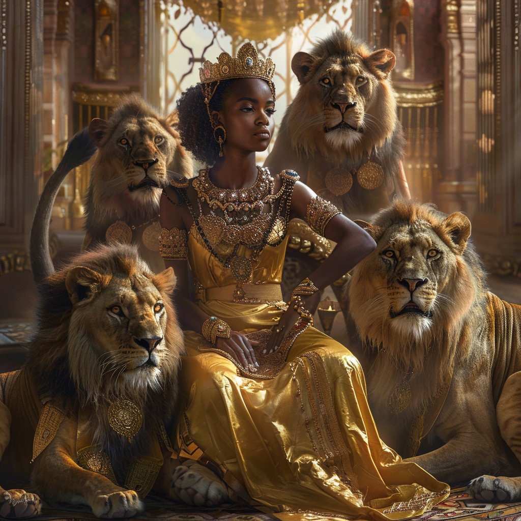 Two Piece Beautiful and Elegant Queen Surrounded and Guarded by Lions ...