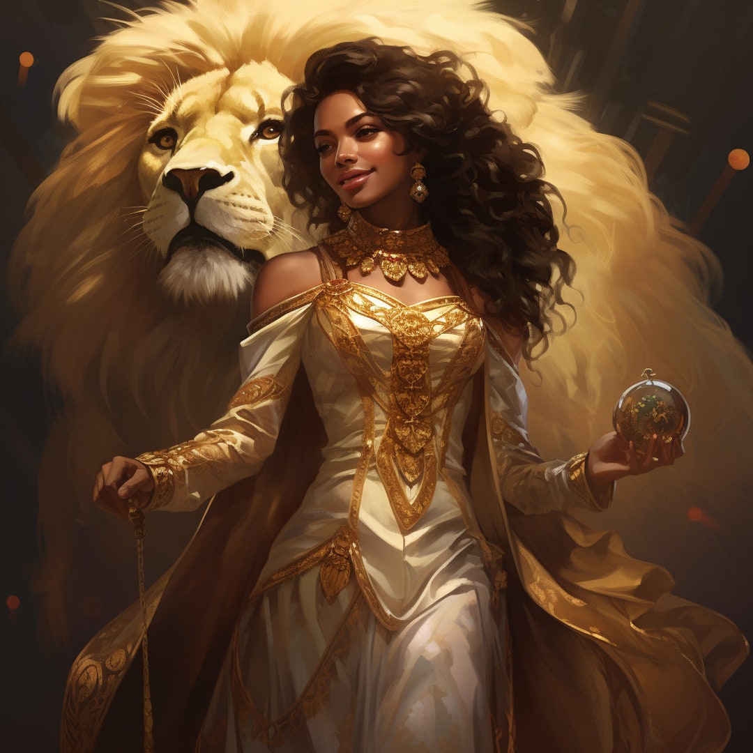 A Beautiful Queen With a Her Lion Lioness Woman Digital Wall Art - Etsy