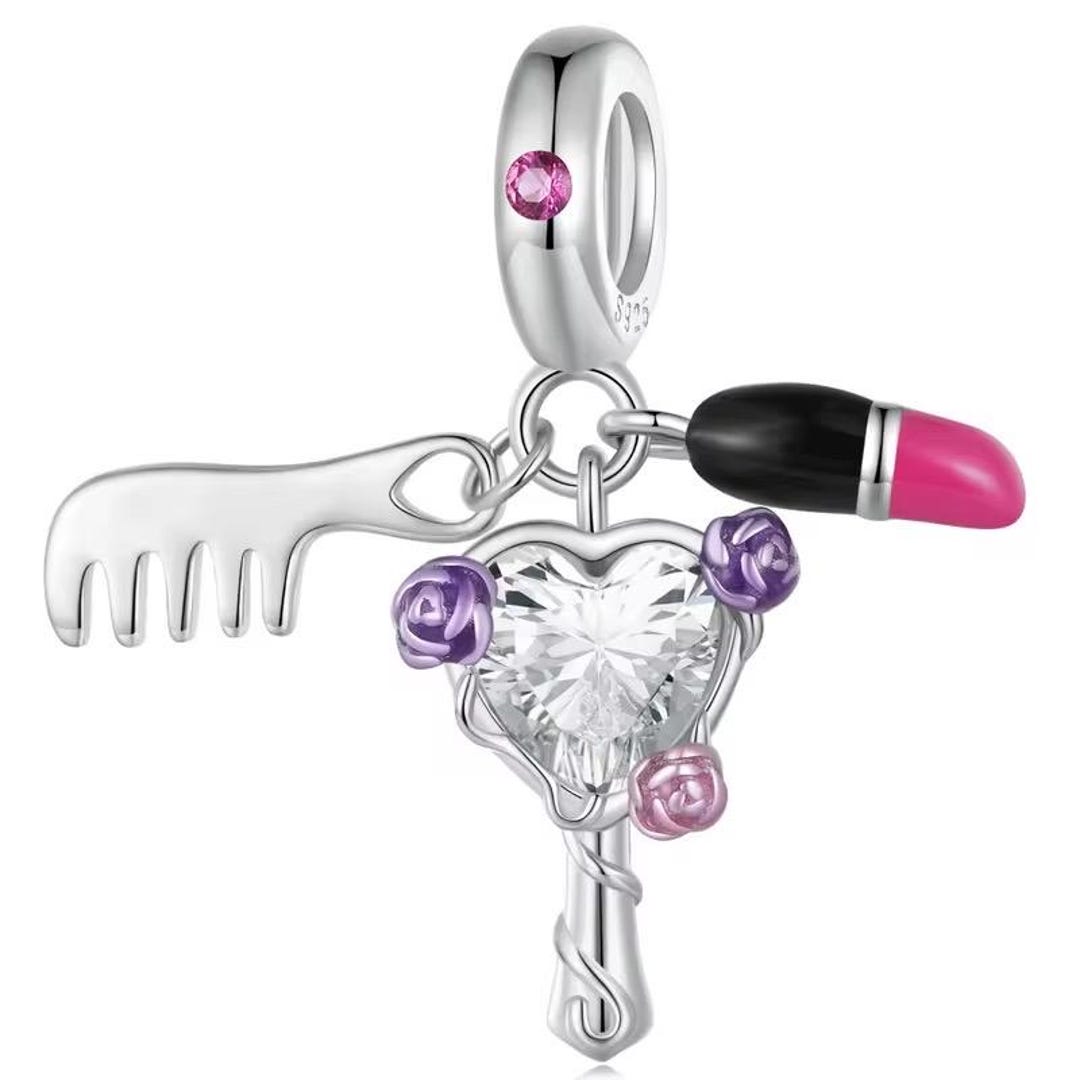 Comb Lipstick Mirror Dangle Charm | Real 925 Sterling Silver, Cubic ...