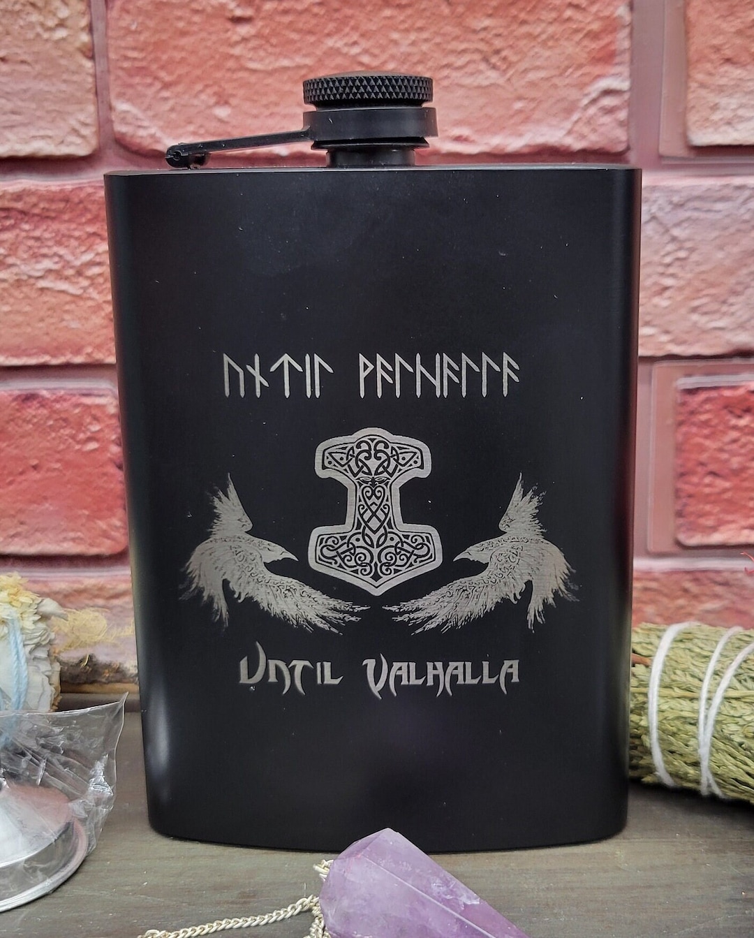 Norse Viking Flask Until Valhalla Engraved Runes Odin's Hammer Ravens ...