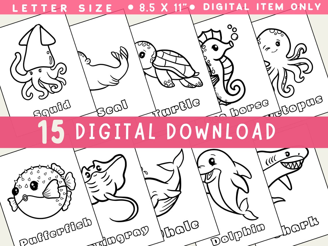 Water Animals Coloring Pages Cute Marine Animals Instant Download ...