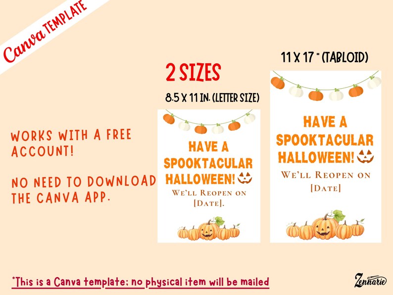 Editable Halloween Closed Sign CANVA Template for Business Announcement ...