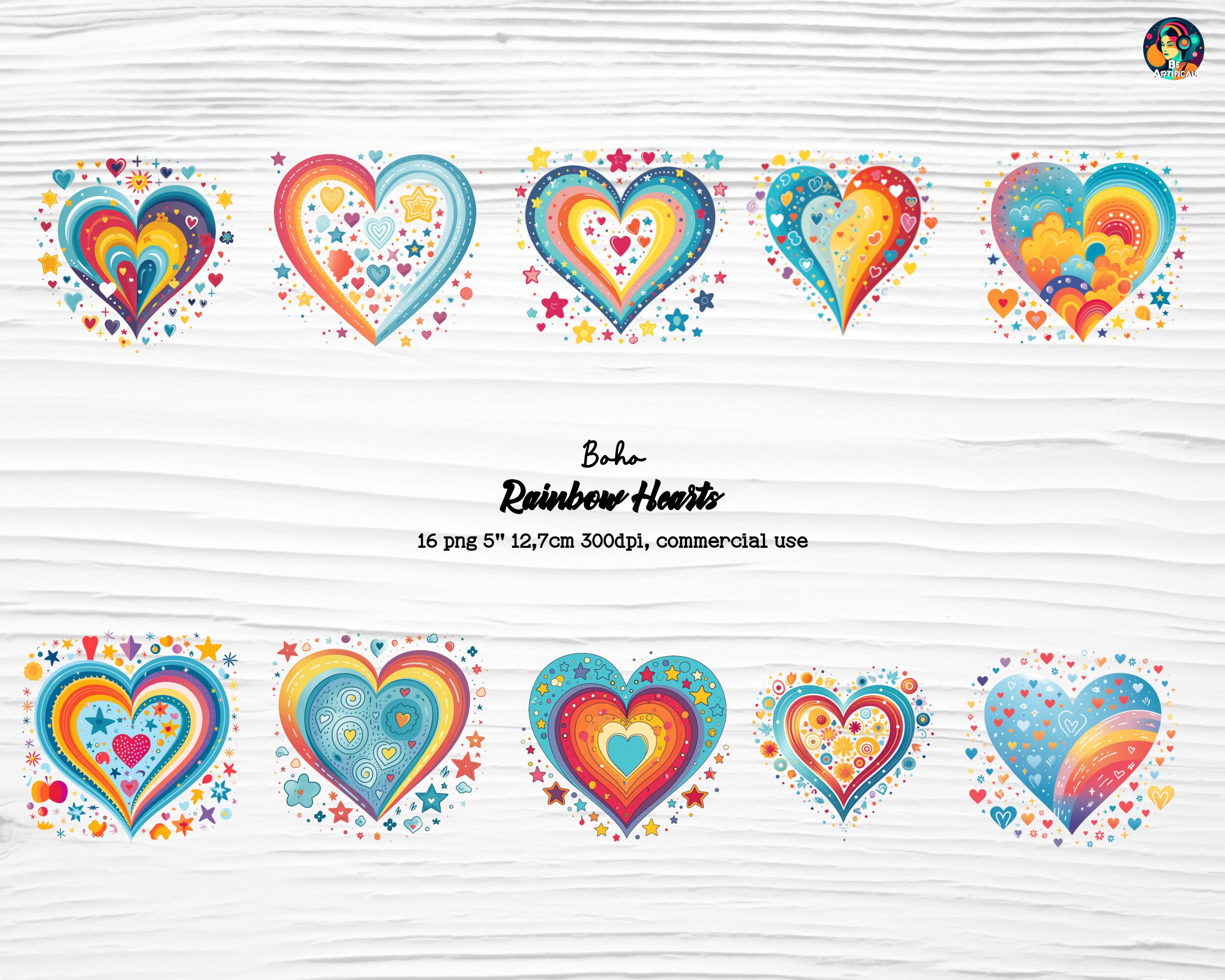 Boho Rainbow Hearts Clip Art Set for Unique Designs and Art Projects ...