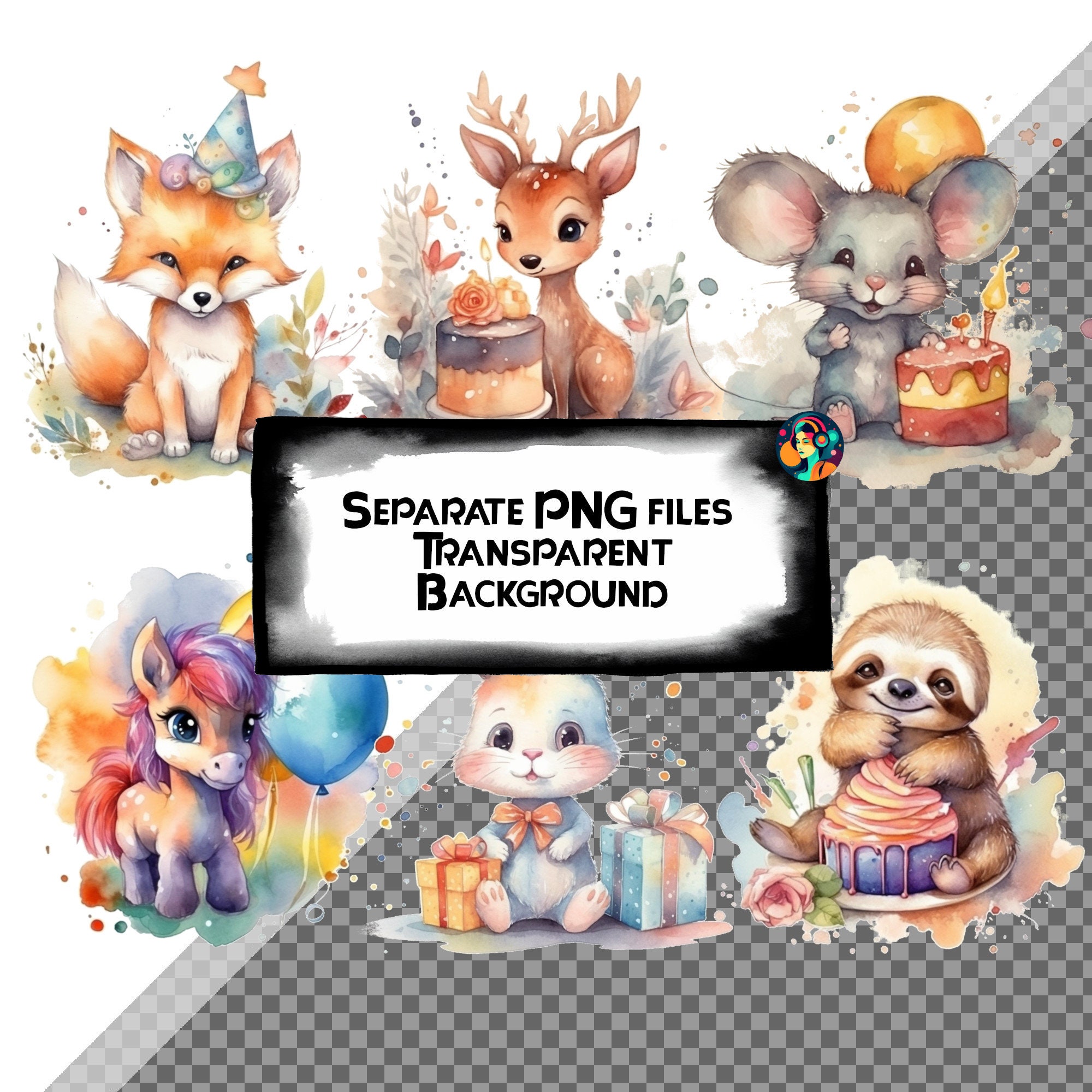 Baby Animal First Birthday Watercolor Clip Art Adorable - Etsy