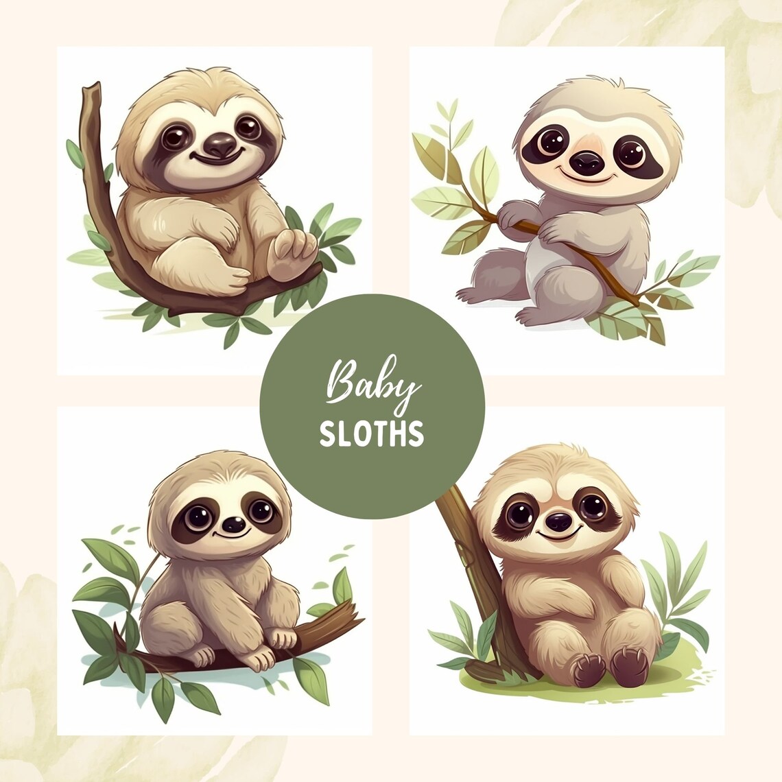 Baby Sloths Clipart Bundle, 20 High Quality PNG, Cute Sloths Clipart ...