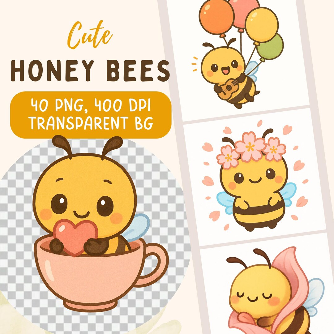 Cute Honey Bee Clipart Bundle, 40 High Quality PNG, Transparent Bg ...