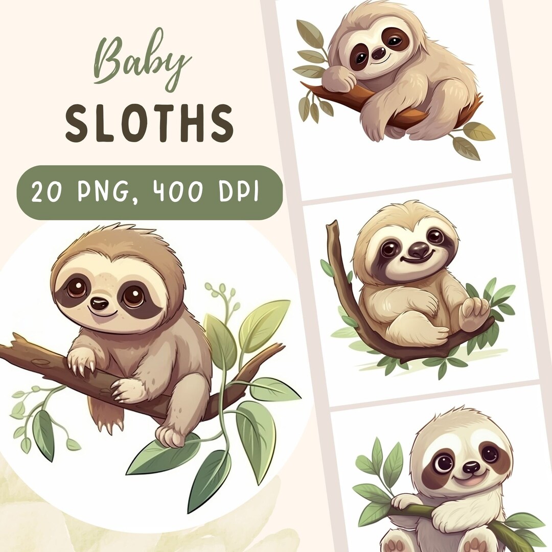 Baby Sloths Clipart Bundle, 20 High Quality PNG, Cute Sloths Clipart ...