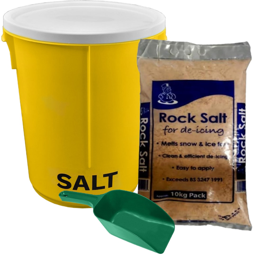 25L Yellow Grit Salt Bin 43cm With Lid and 10kg Brown De-icing Salt for ...