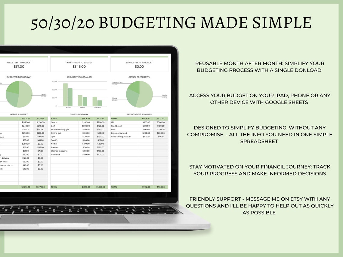 50/30/20 Monthly Budget Spreadsheet: Google Sheets Template (digital ...