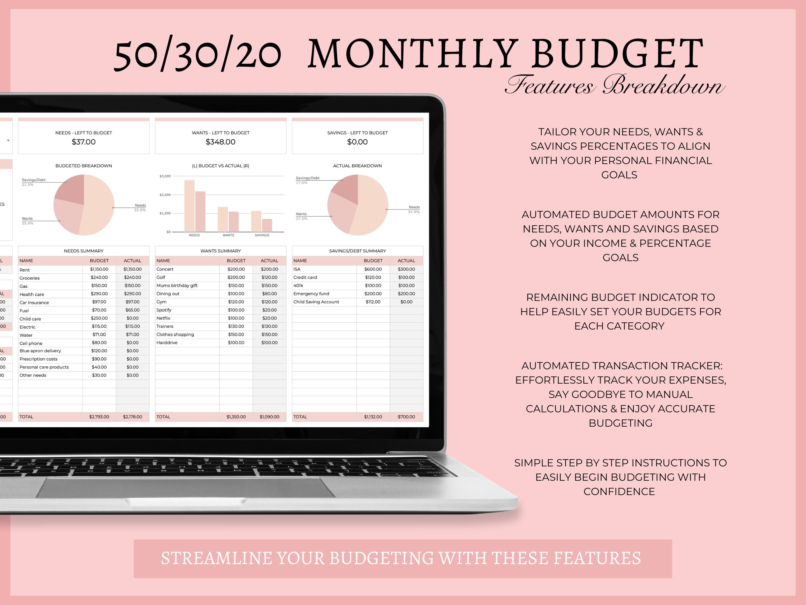 50/30/20 Monthly Budget Spreadsheet: Google Sheets Template (digital ...