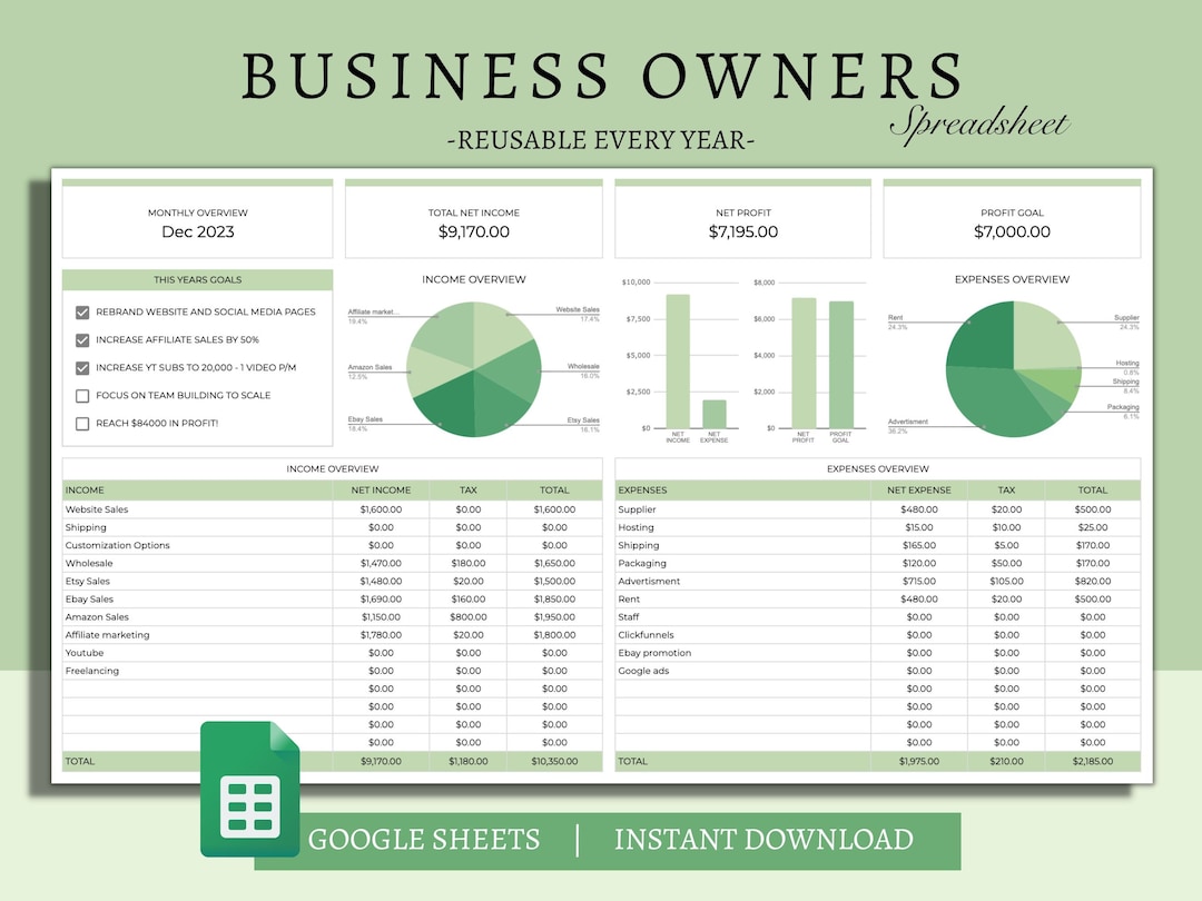 Business Owners Spreadsheet - Bookkeeping Tool for Tracking Finances ...