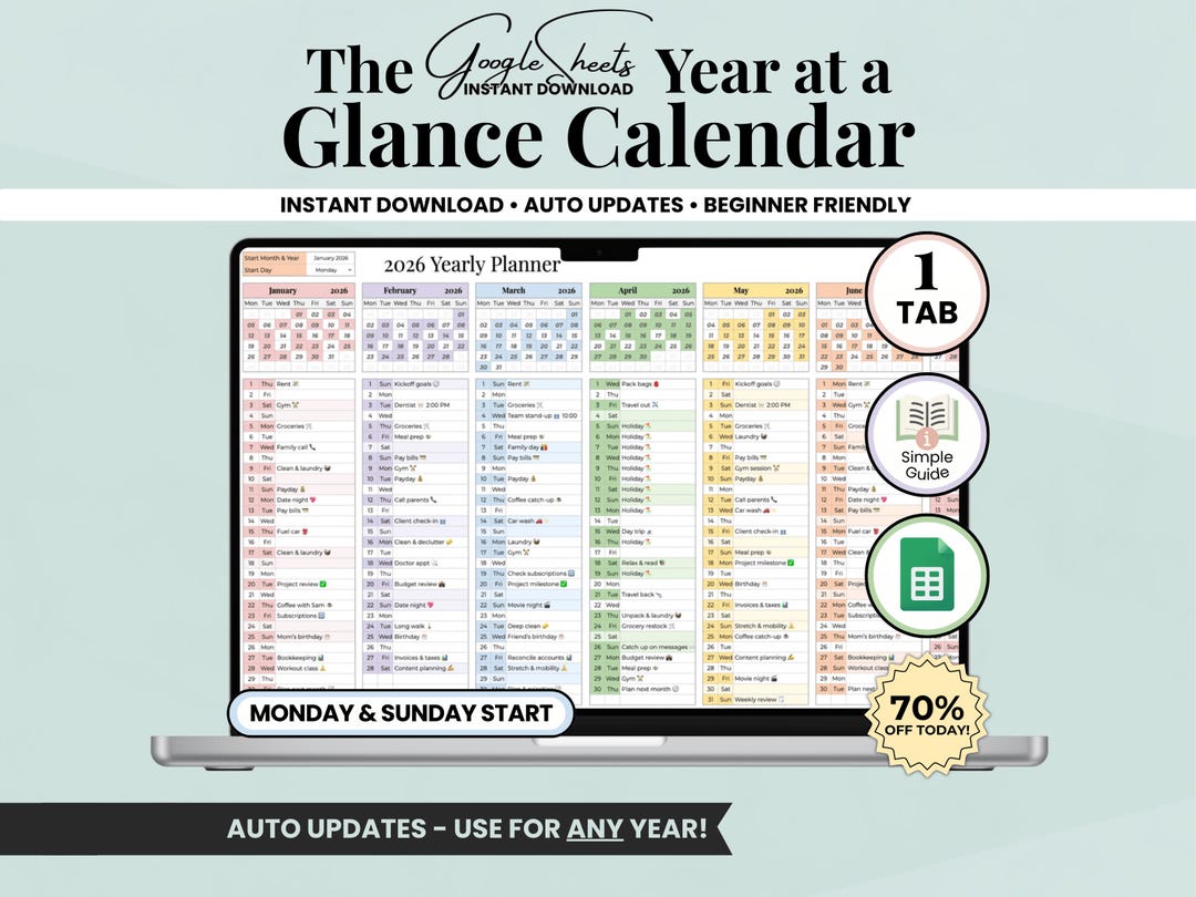 Year at a Glance Calendar | Google Sheets Annual Planner | Yearly ...