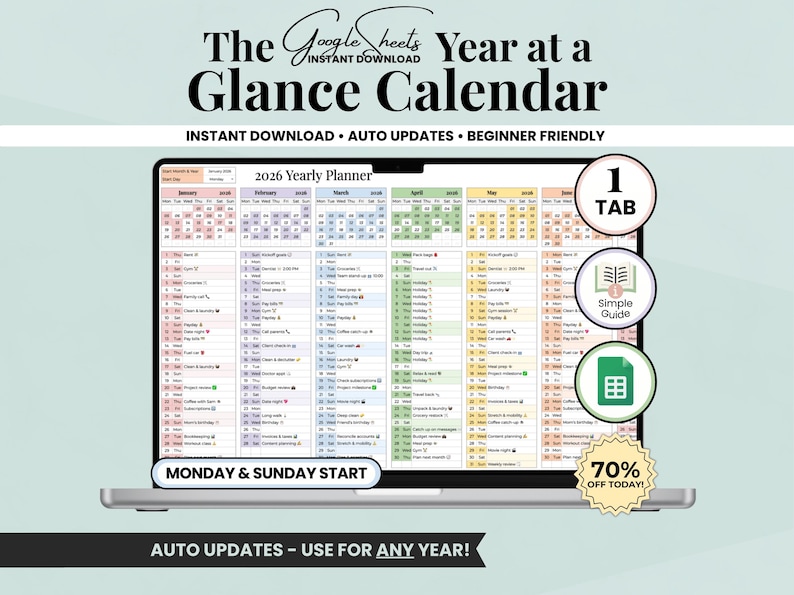 Year at a Glance Calendar | Google Sheets Annual Planner | Yearly ...