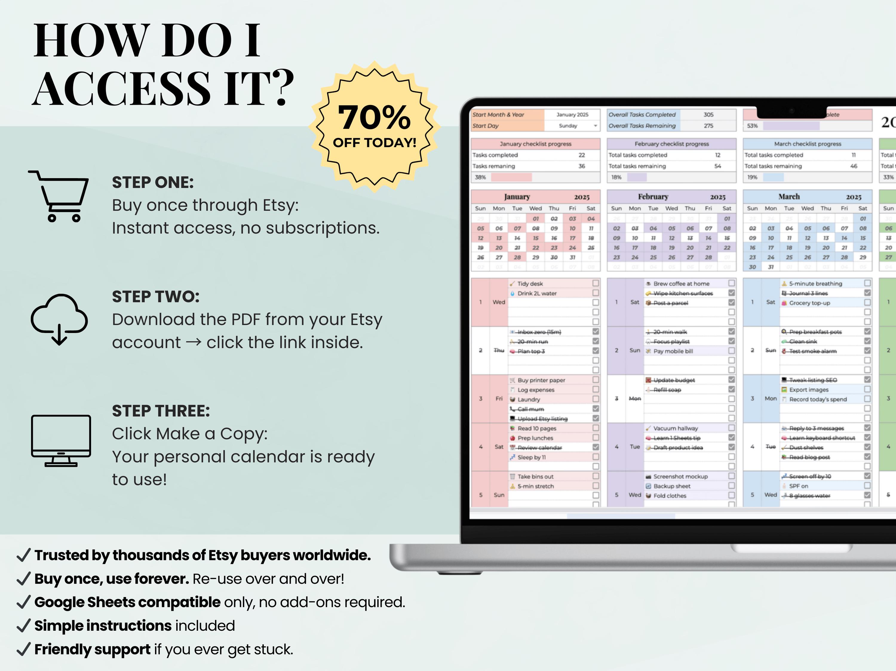 Year at a Glance Task Tracker | Google Sheets Calendar Planner | Daily ...