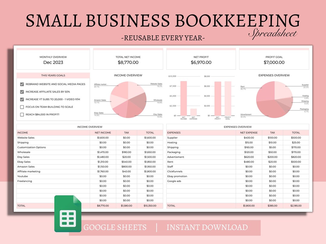Small Business Bookkeeping Spreadsheet Template for Google Sheets ...