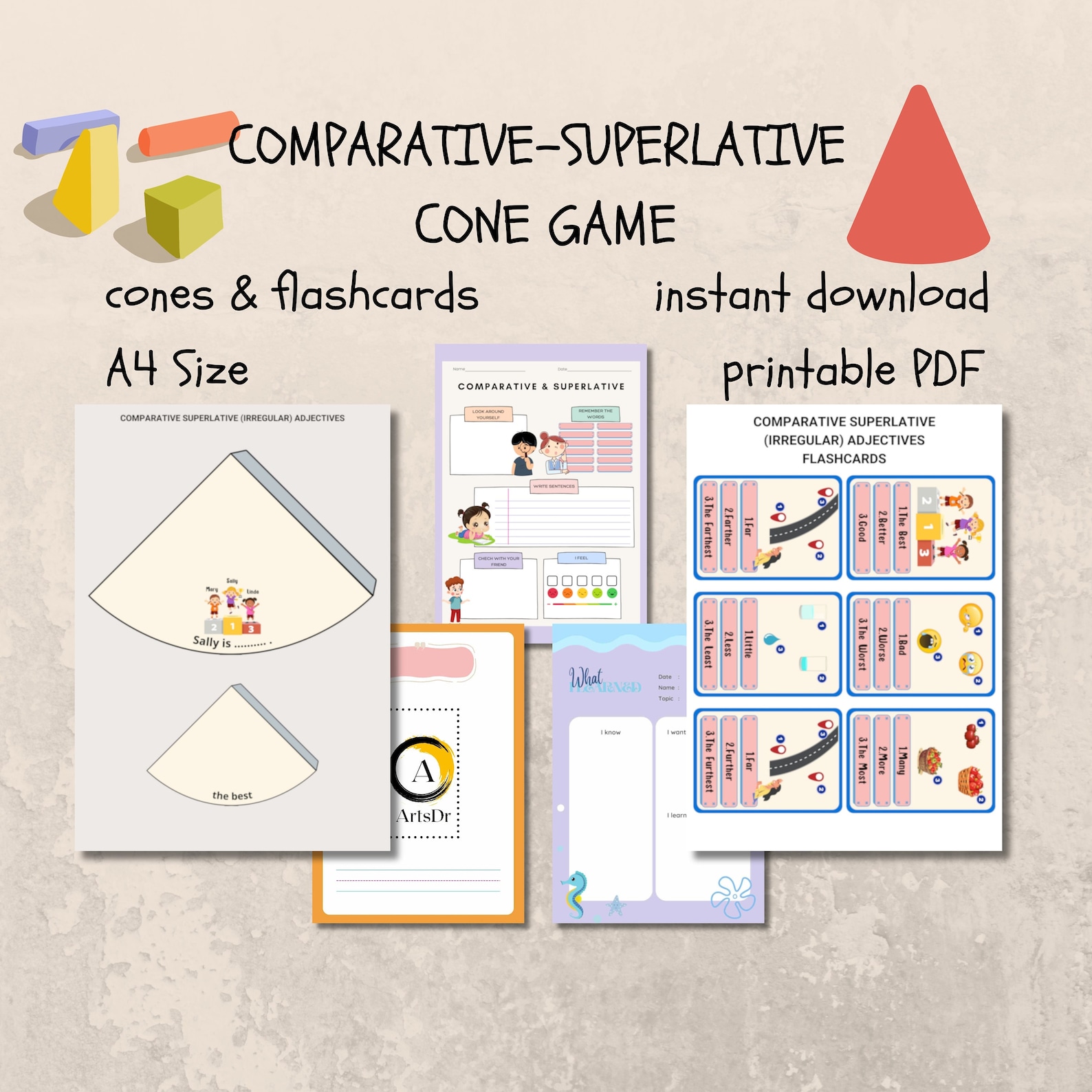 Language Learning Printable Flash Cards Comparative Superlative Gift ...