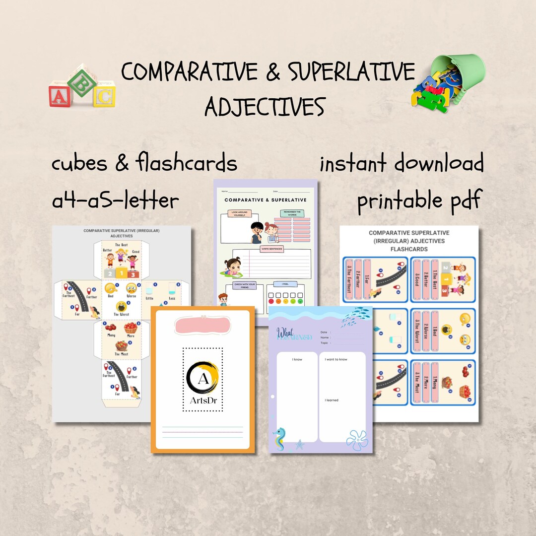 Language Learning Printable Flash Cards Comparative Superlative Gift ...
