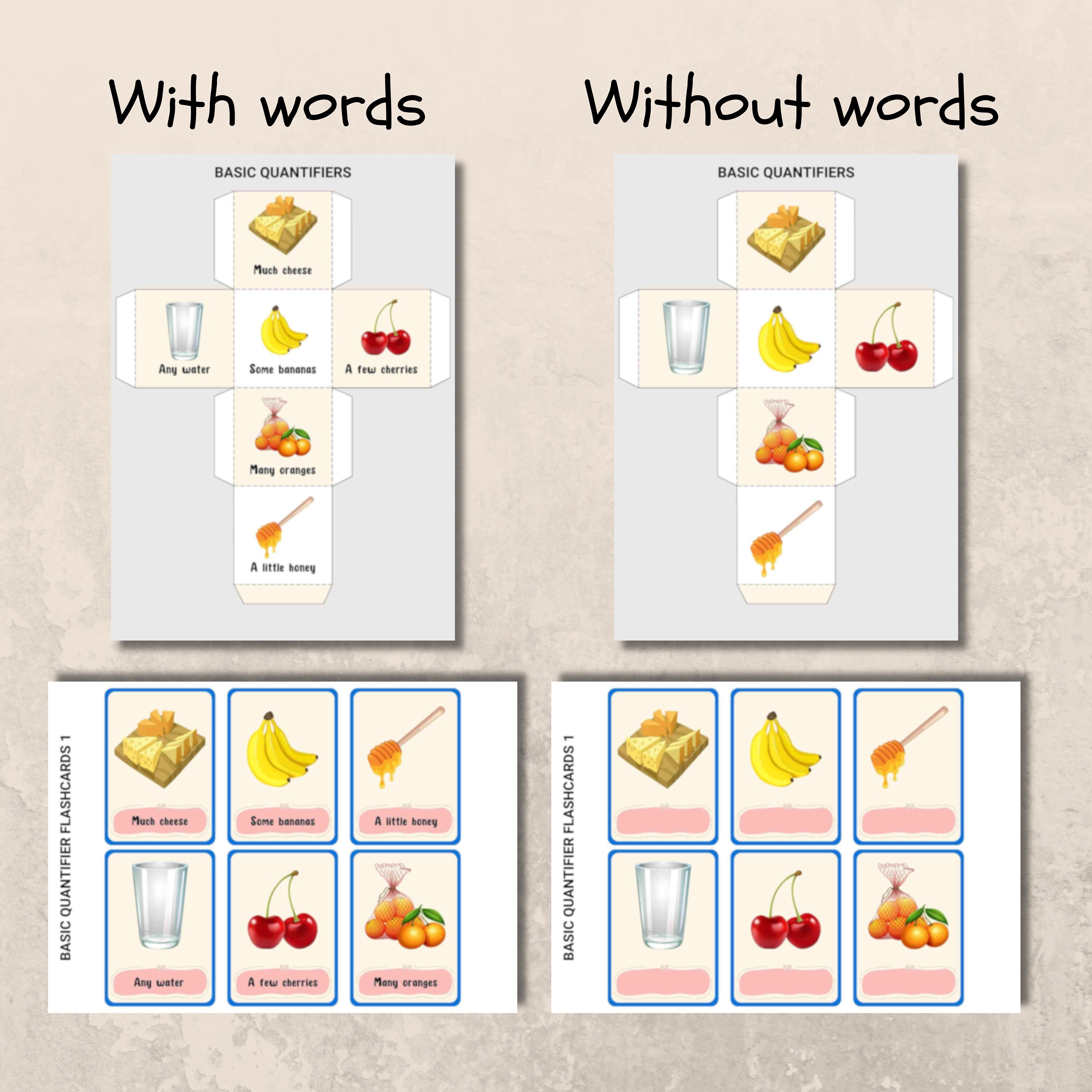 Language Learning Printable Flash Cards Quantifiers Gift Cubes Young ...