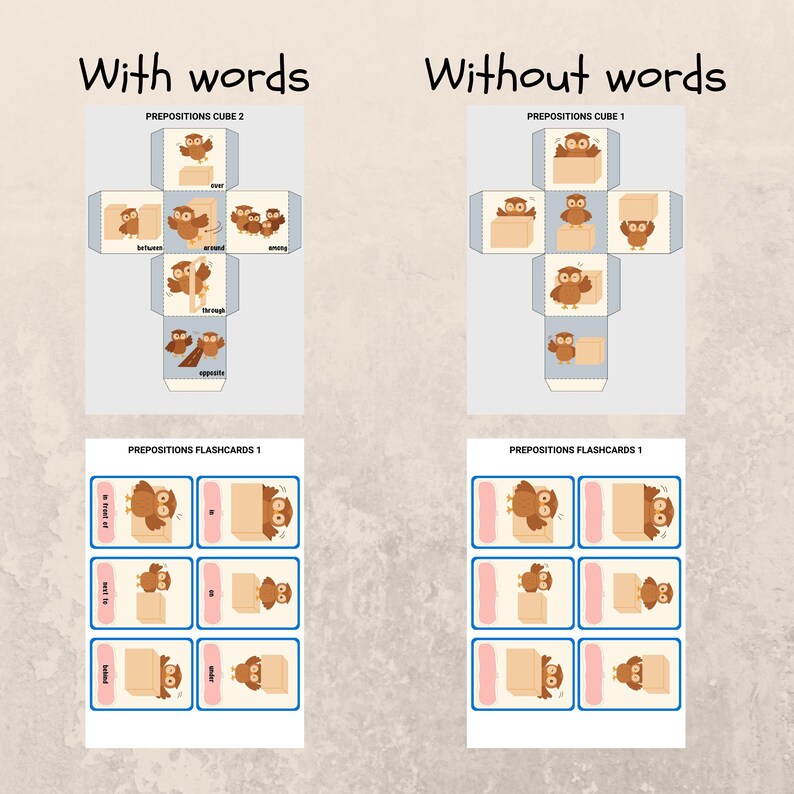 Language Learning Printable Flash Cards Prepositions Gift Cubes Young ...