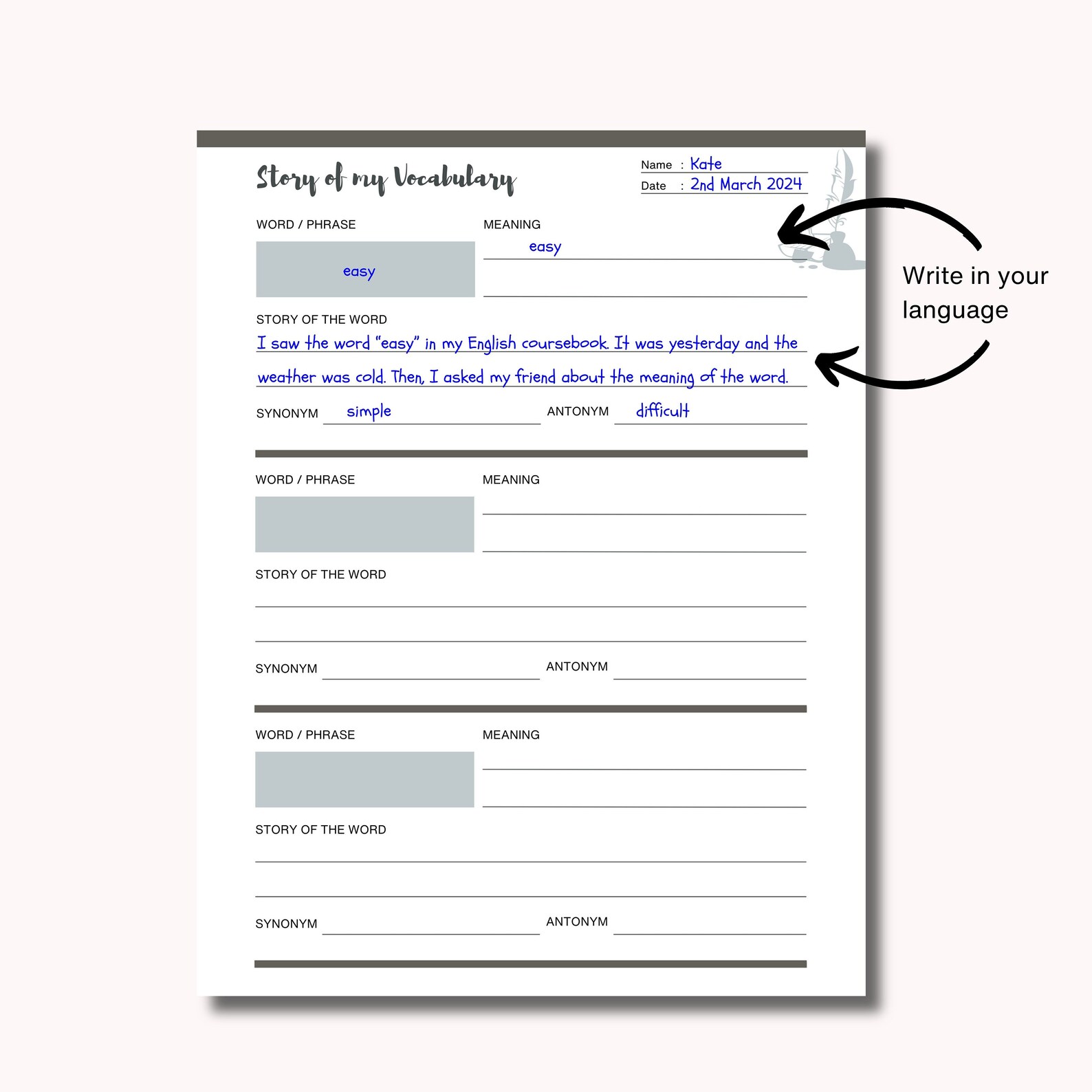 Language Learning Printable Materials for Vocabulary Practice Worksheet ...