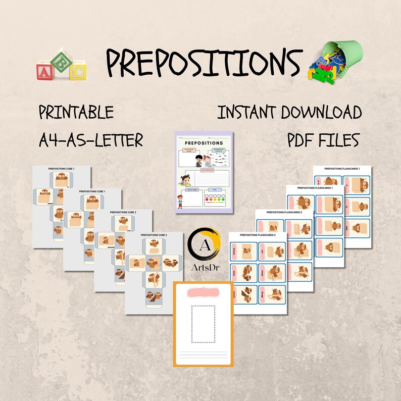 Language Learning Printable Flash Cards Prepositions Gift Cubes Young ...