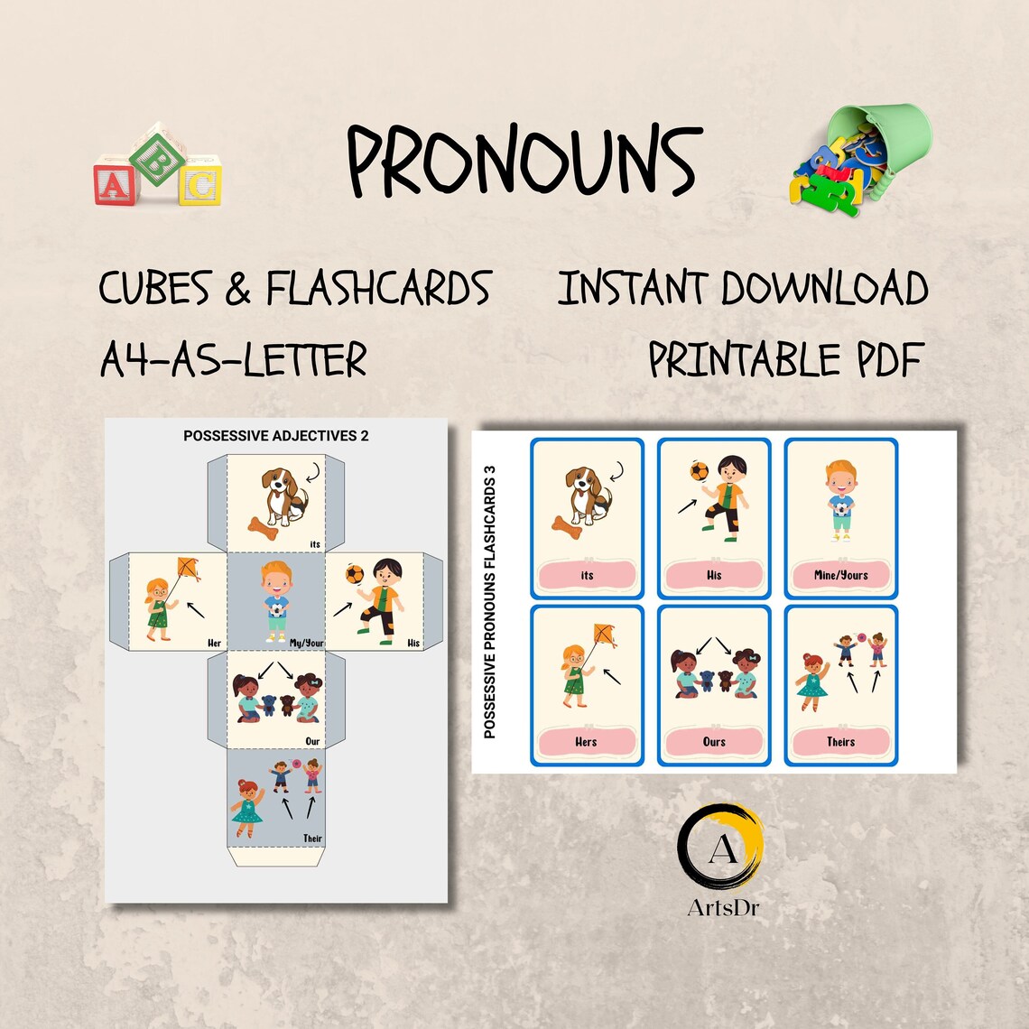 Language Learning Printable Flash Cards Pronouns Gift Cubes Young ...