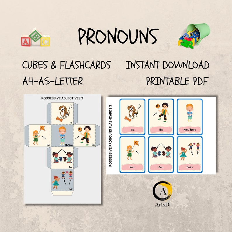 Language Learning Printable Flash Cards Pronouns Gift Cubes Young ...