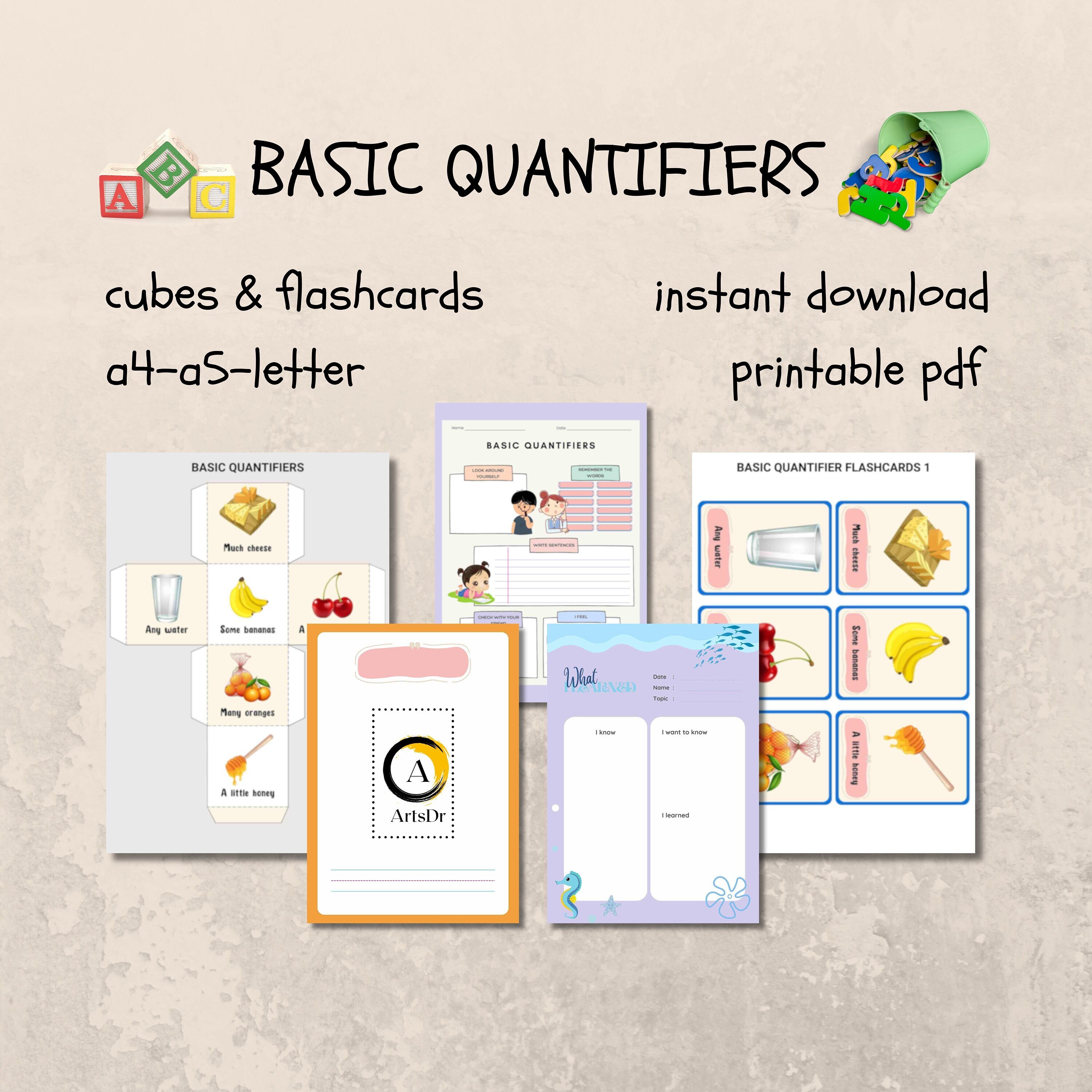 Language Learning Printable Flash Cards Quantifiers Gift Cubes Young ...