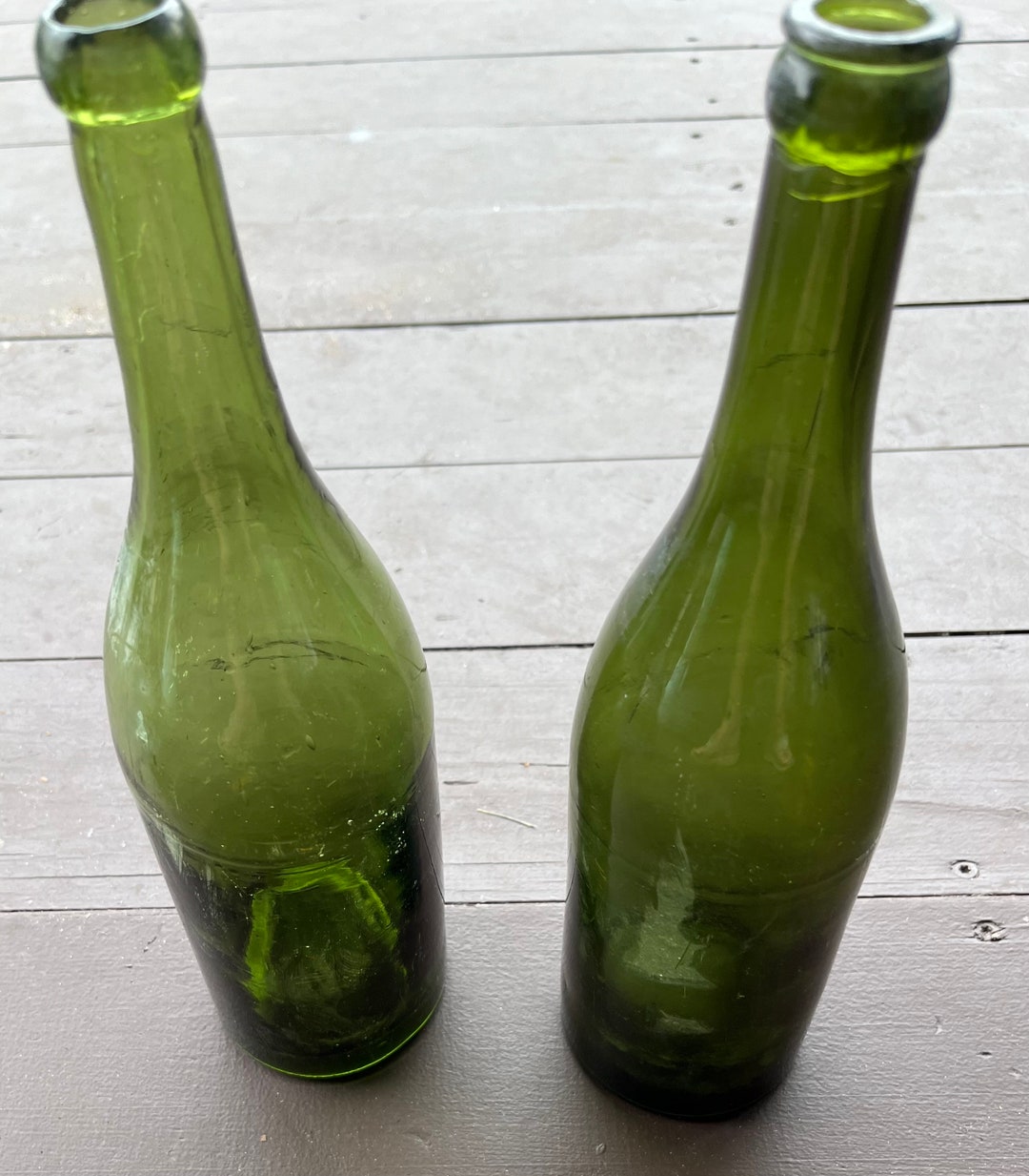 Vintage Pair Of Green Glass Wine Bottle Pontel Bottom Unmarked Etsy